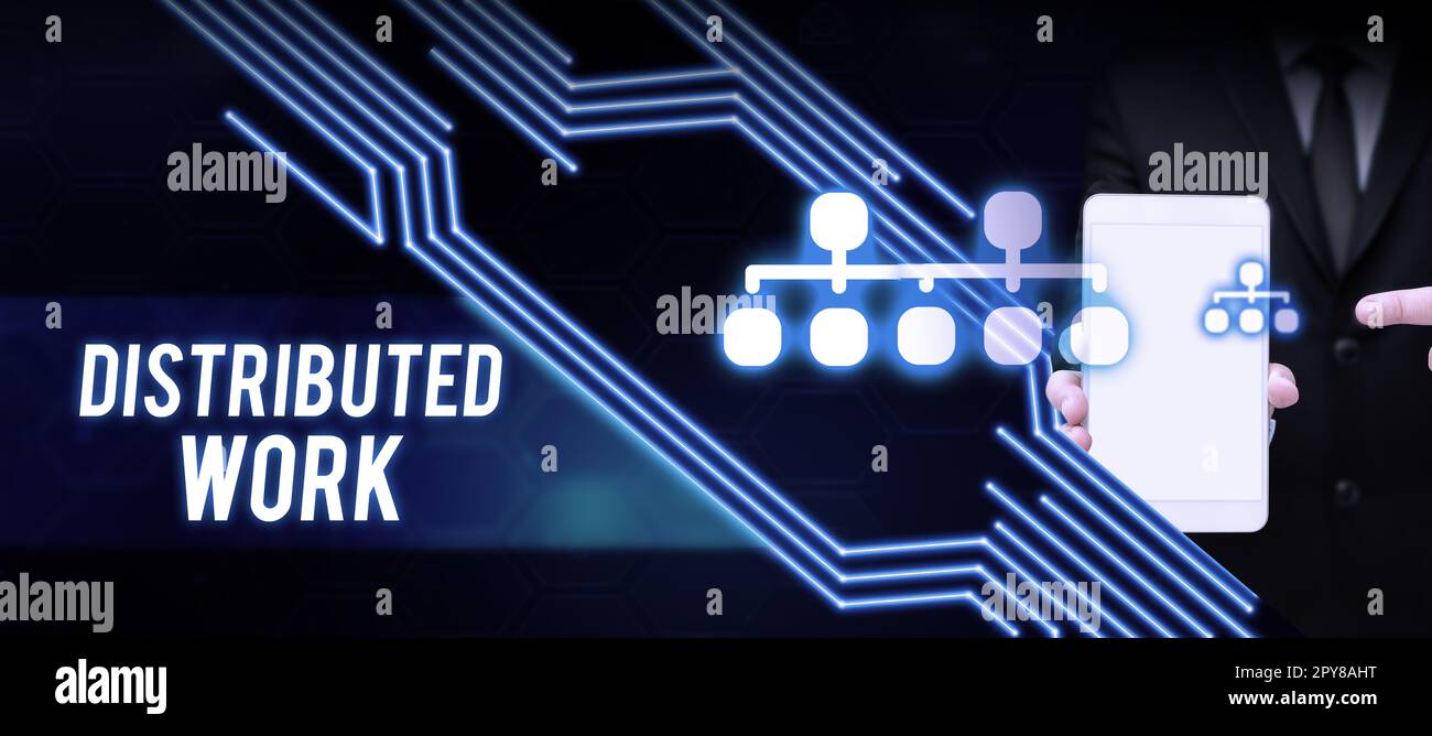Text caption presenting Distributed Work. Concept meaning practiced by ...