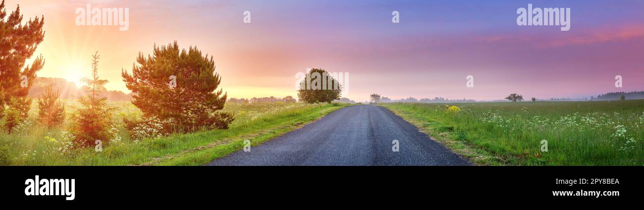 Asphalt road with dramatic sunset in countryside in summertime Stock ...
