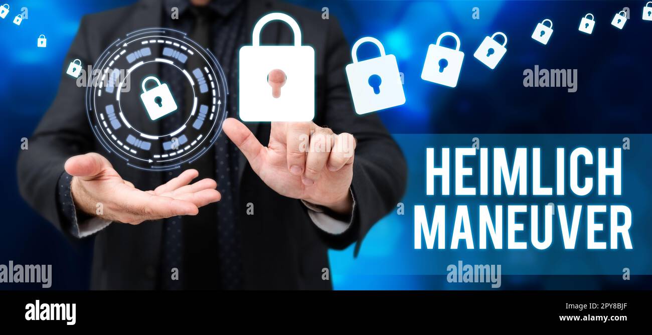 Hand writing sign Heimlich Maneuver. Word Written on application of ...