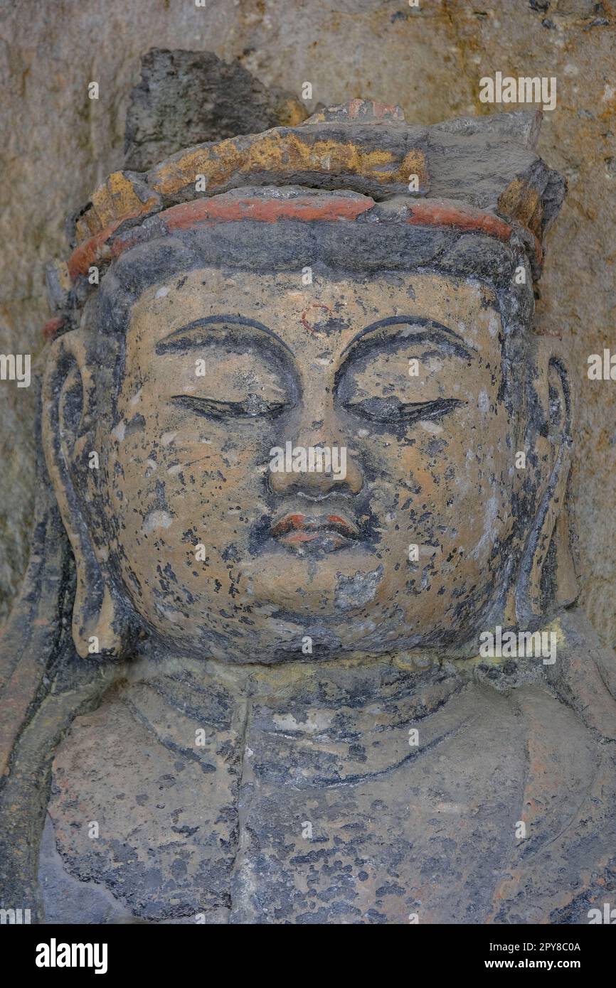 Usuki, Japan - May 1, 2023: Detail of one of the Usuki Stone Buddhas ...