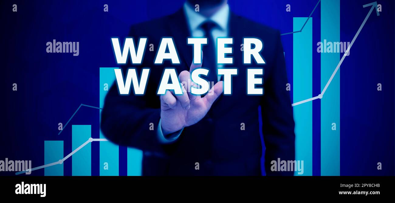Sign displaying Water Waste. Business overview liquid that has been ...
