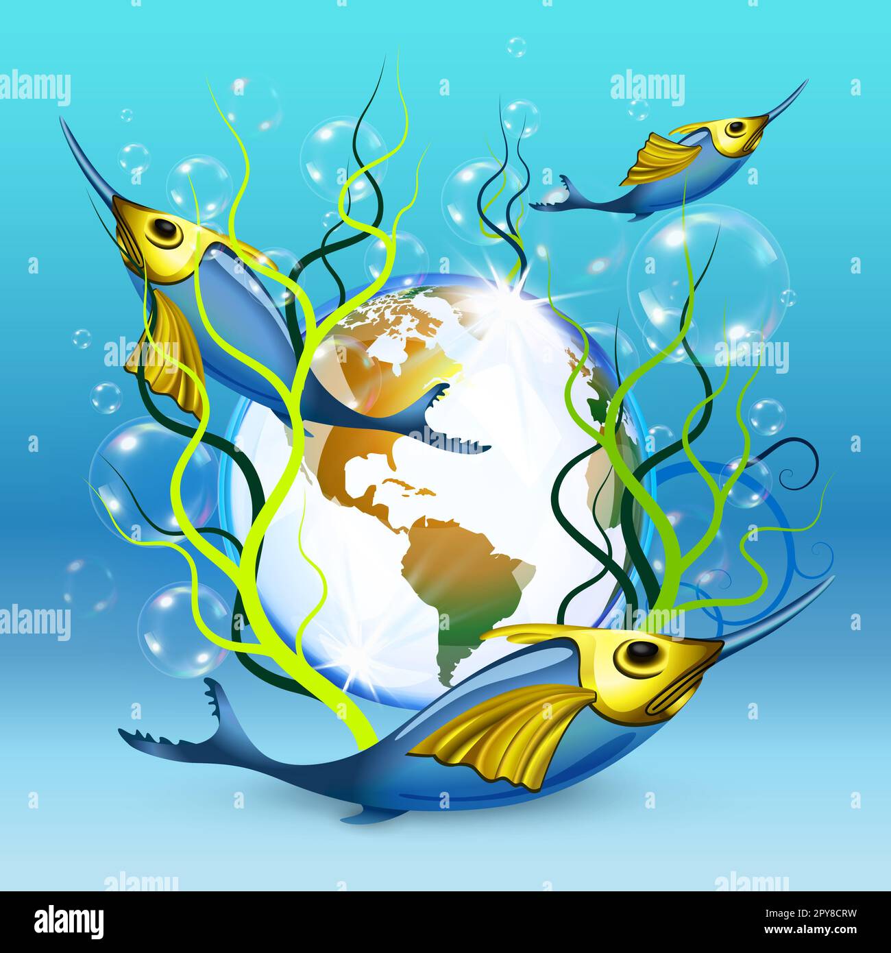 Underwater world with three blue swordfishes swimming around the earth ...