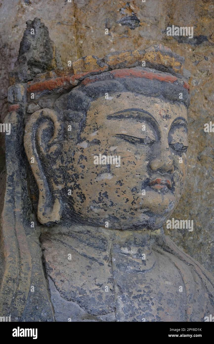 Usuki, Japan - May 1, 2023: Detail of one of the Usuki Stone Buddhas ...