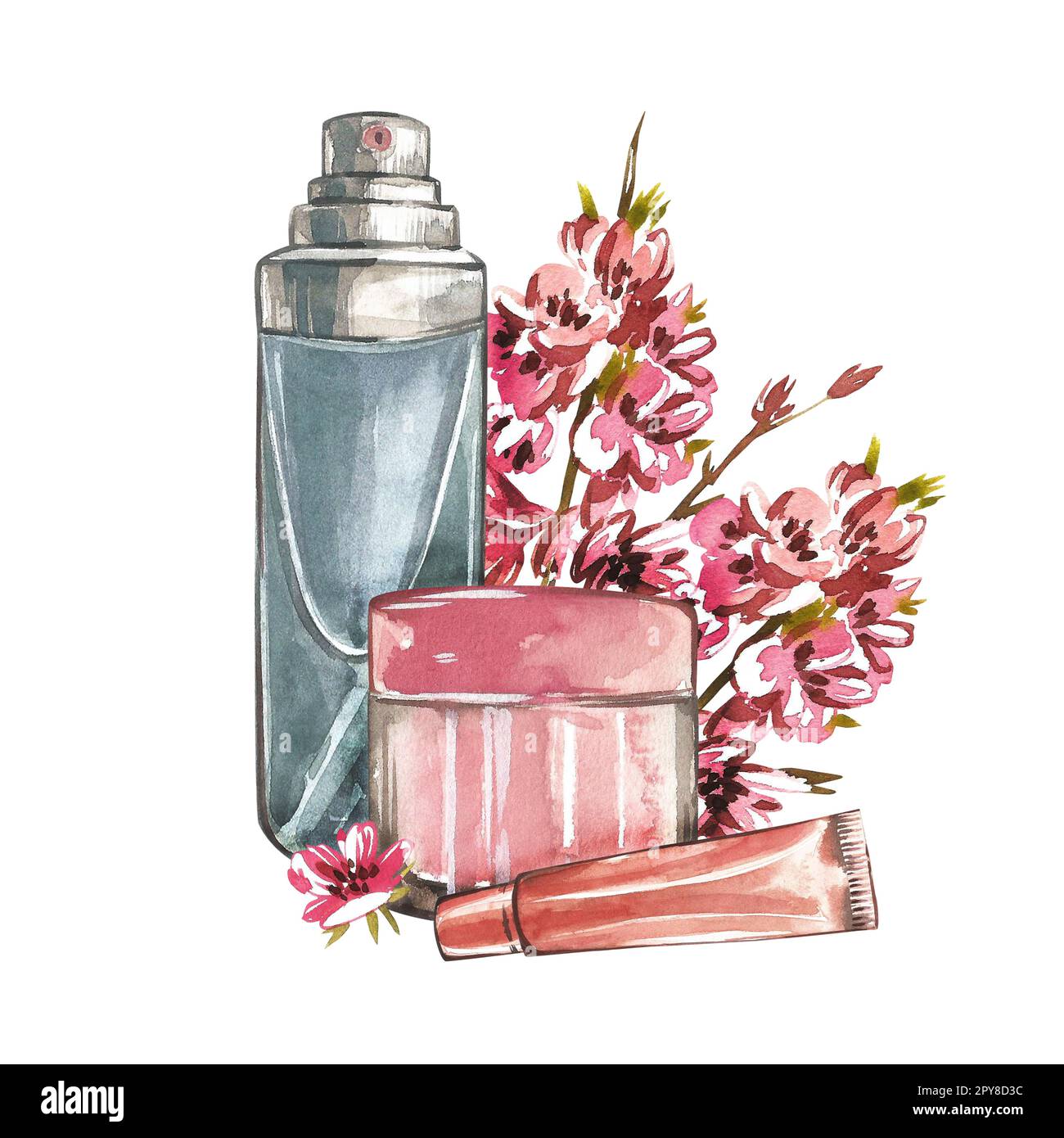 Set cream for skin and face care with branch flowers isolated on white ...