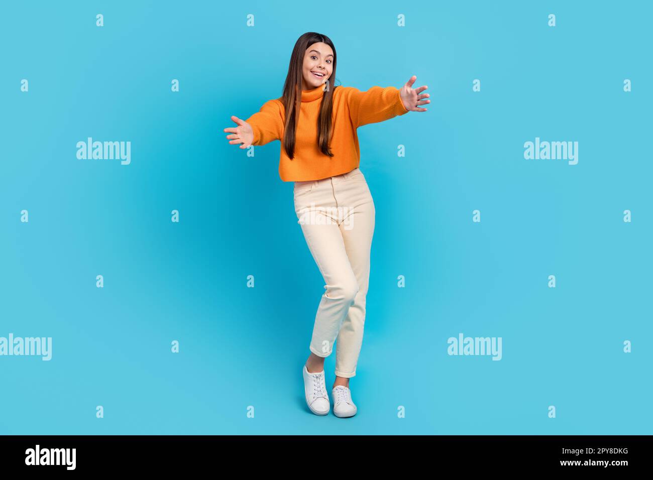 Full size portrait of satisfied friendly person raise opened arms ...