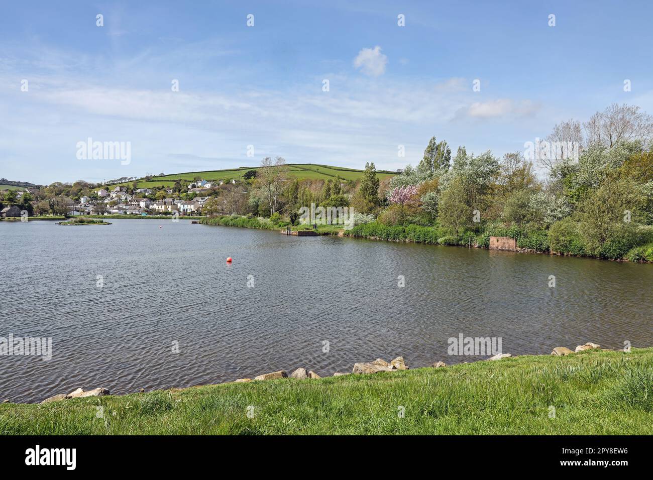 Millbrook seen over the Millbrook Lake in south east Cornwall ...