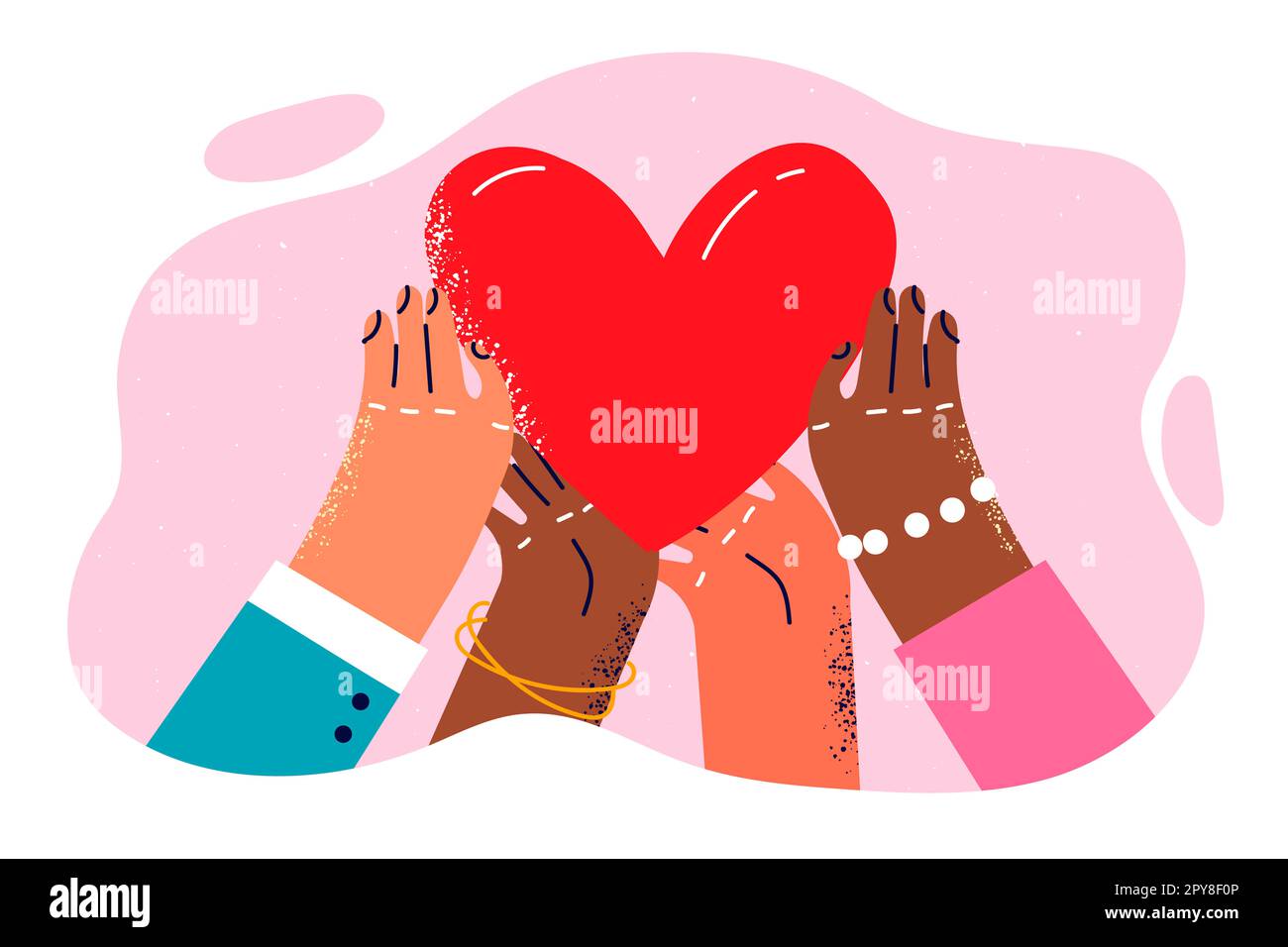 Hands people of different races and nationalities reach for heart ...
