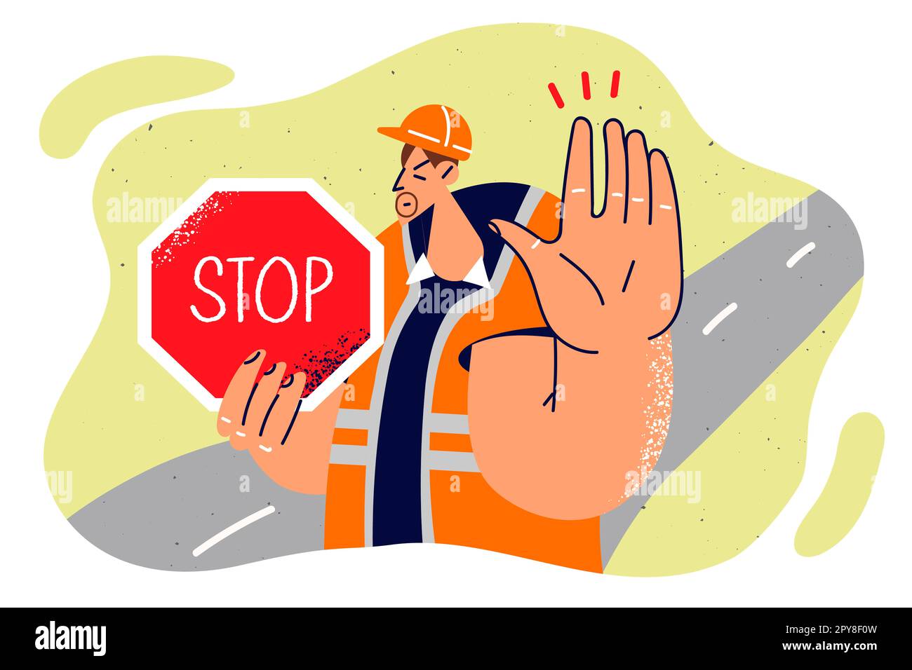 Man in builder uniform shows stop sign and makes caution gesture to ...
