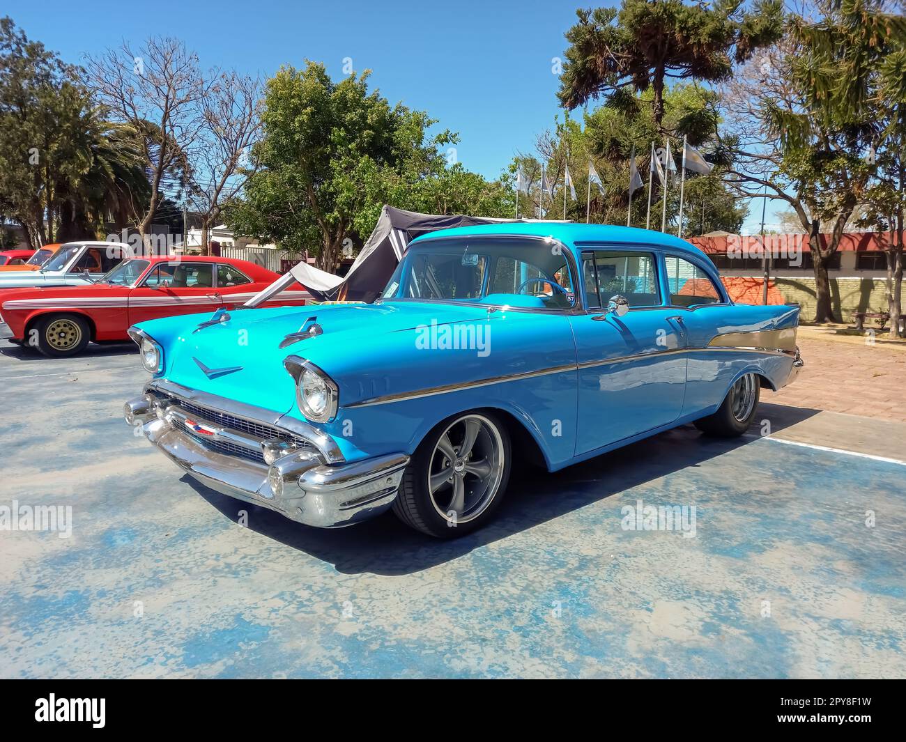 Lanus, Argentina - Sept 25, 2022: Old sky blue 1957 Chevrolet Chevy Bel ...