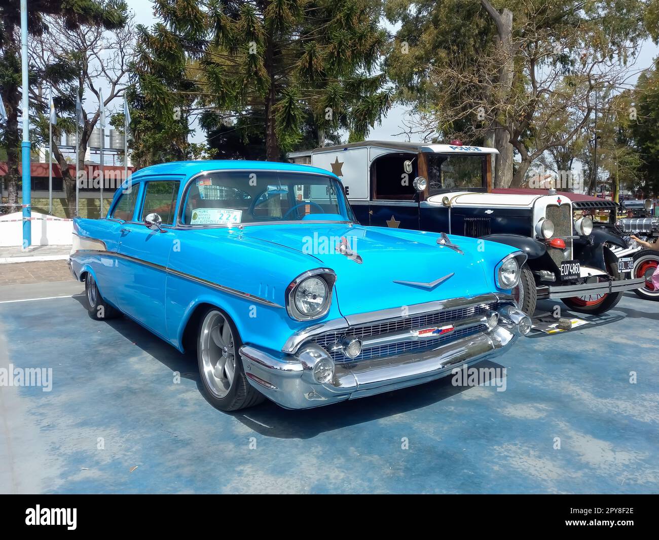 Lanus, Argentina - Sept 25, 2022: Old sky blue 1957 Chevrolet Chevy Bel ...