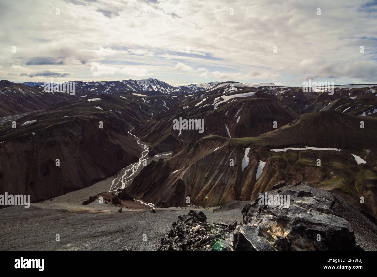 River between old hills in valley landscape photo Stock Photo - Alamy
