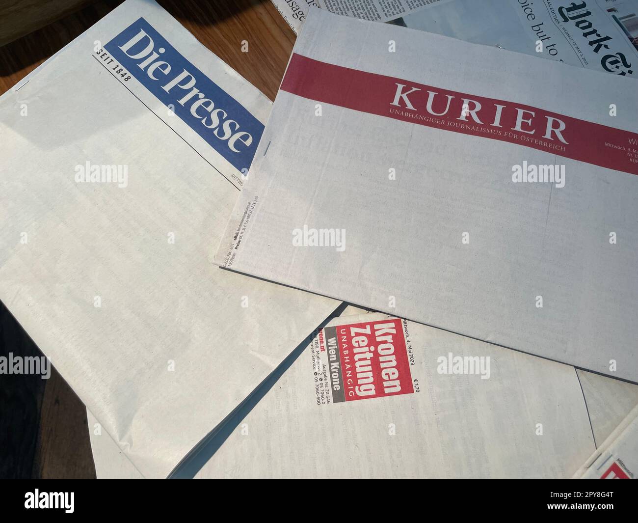 Wien, Austria. 03rd May, 2023. Empty front pages of Austrian daily ...