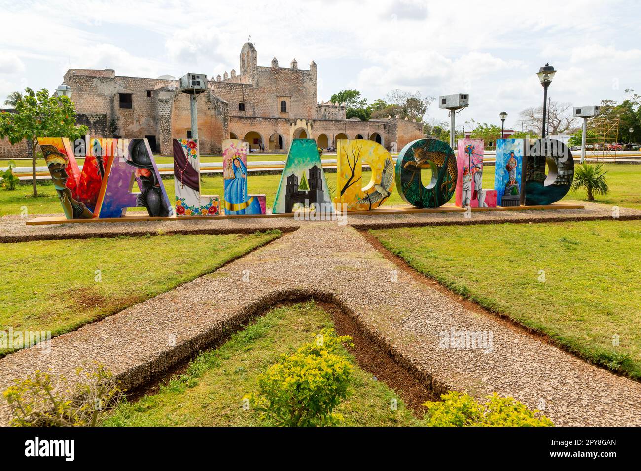 Colourful lettering sign for Valladolid, Yucatan, Mexico in front of ...