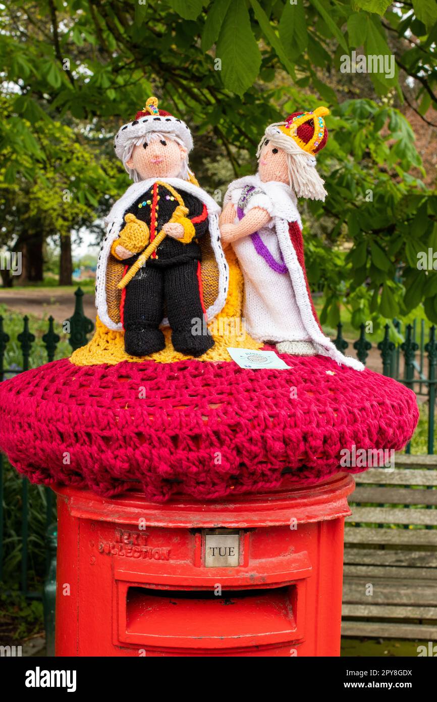 The post box in West Street, Alford, decorated with knitted wool in ...