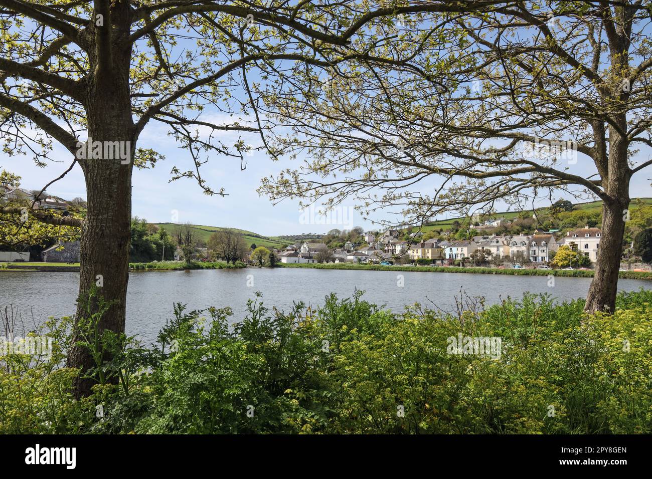 Millbrook village and lake with foreground trees framing the image ...