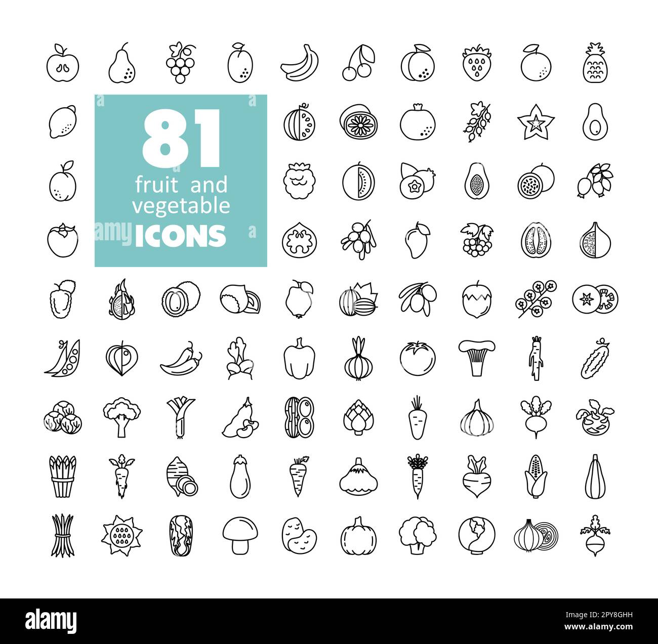 Set of Vegetables, Fruits and Berries vector icon. Graph symbol for ...