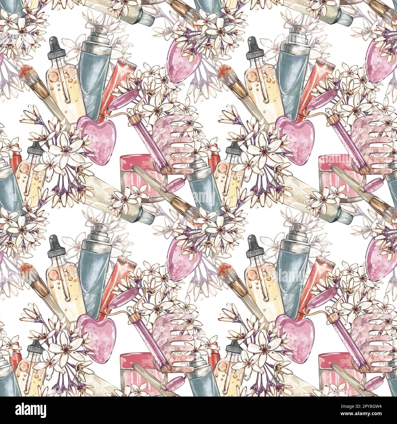 Seamless pattern cosmetic oil, cream, stone massager gua sha, cream ...