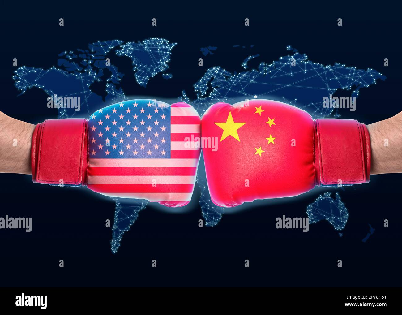 Men in boxing gloves with American and Chinese flags fighting, closeup ...