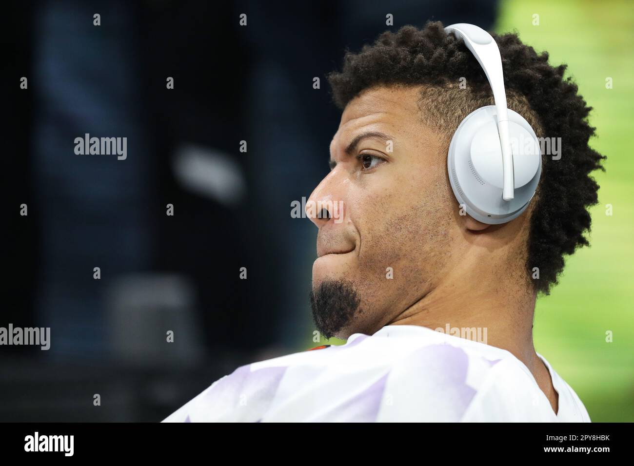 Belgrade, Serbia, 2 May 2023. Walter Tavares of Real Madrid reacts ...
