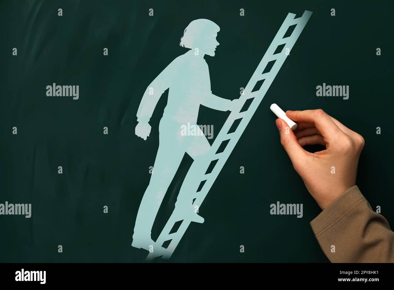 Woman drawing person climbing up ladder on chalkboard, closeup. Steps ...