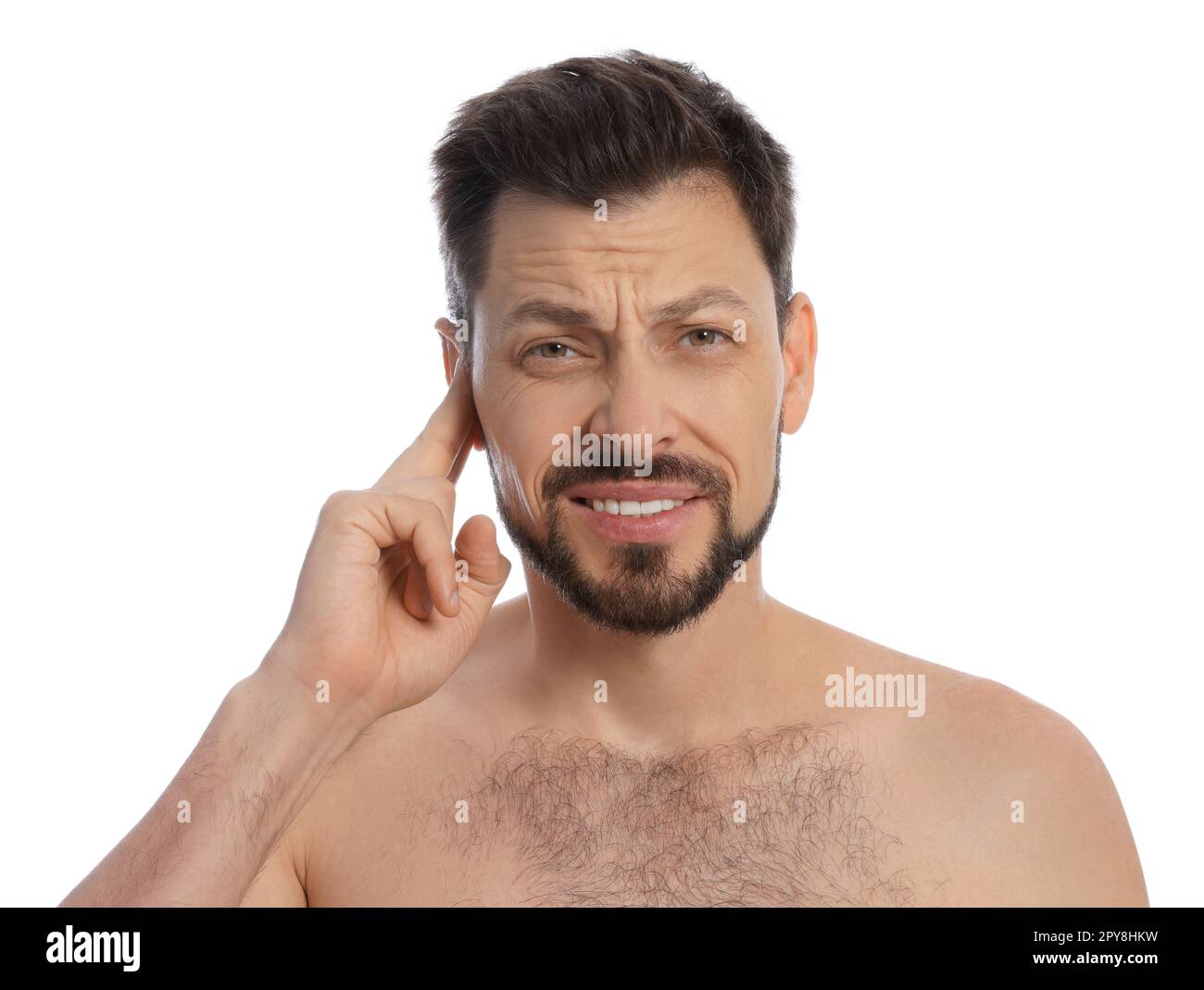 Man suffering from ear pain on white background Stock Photo - Alamy
