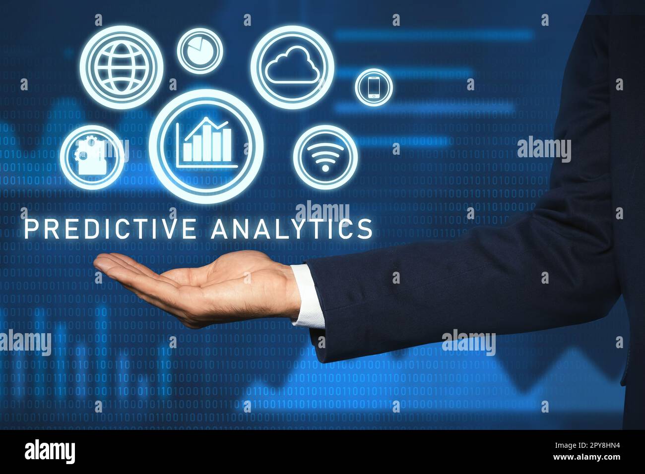Concept of predictive analytics. Businessman and different virtual ...
