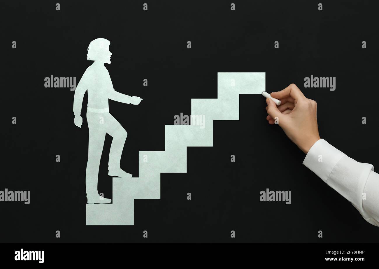 Woman drawing person going up stairs on chalkboard, closeup. Steps to ...