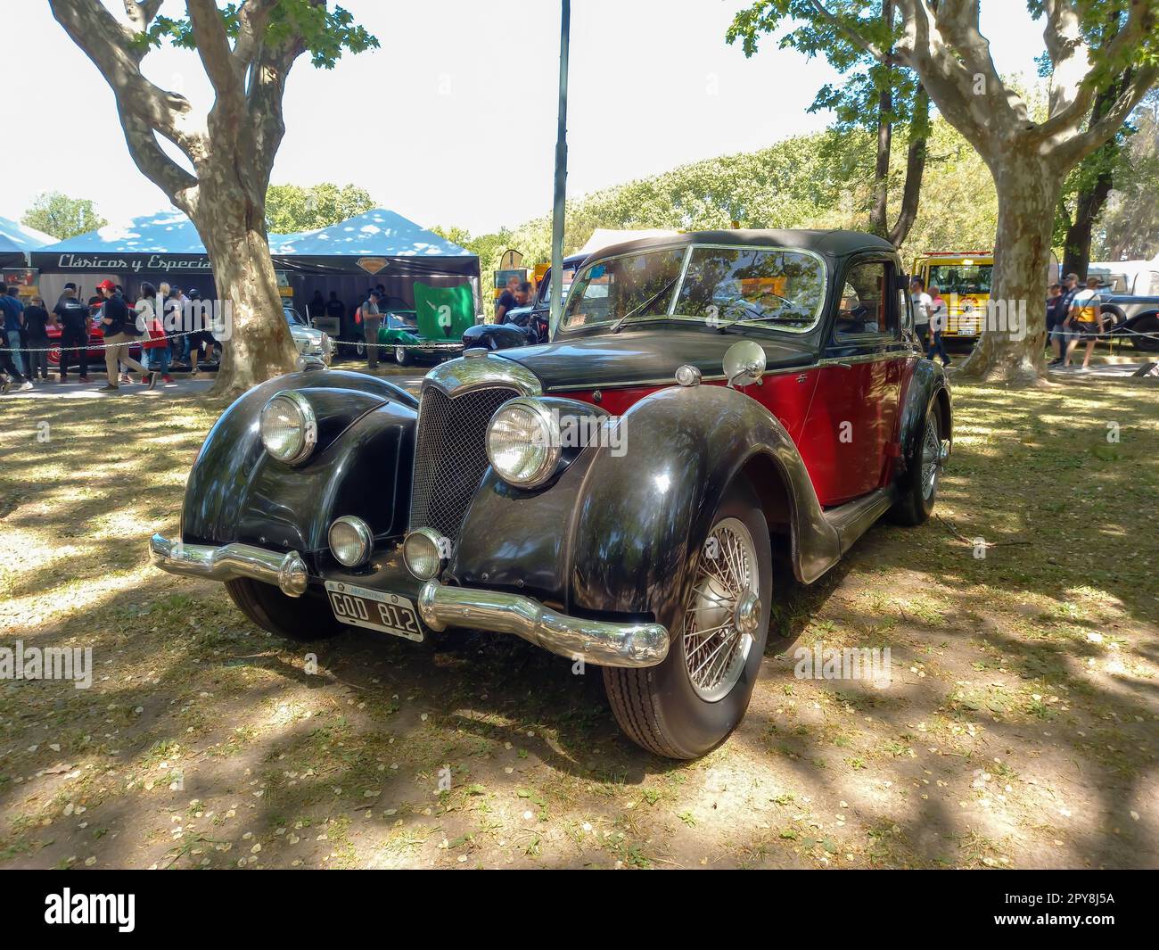 Vintage black and red 1943 Riley RMB 2.5 in a park. Nature, trees ...
