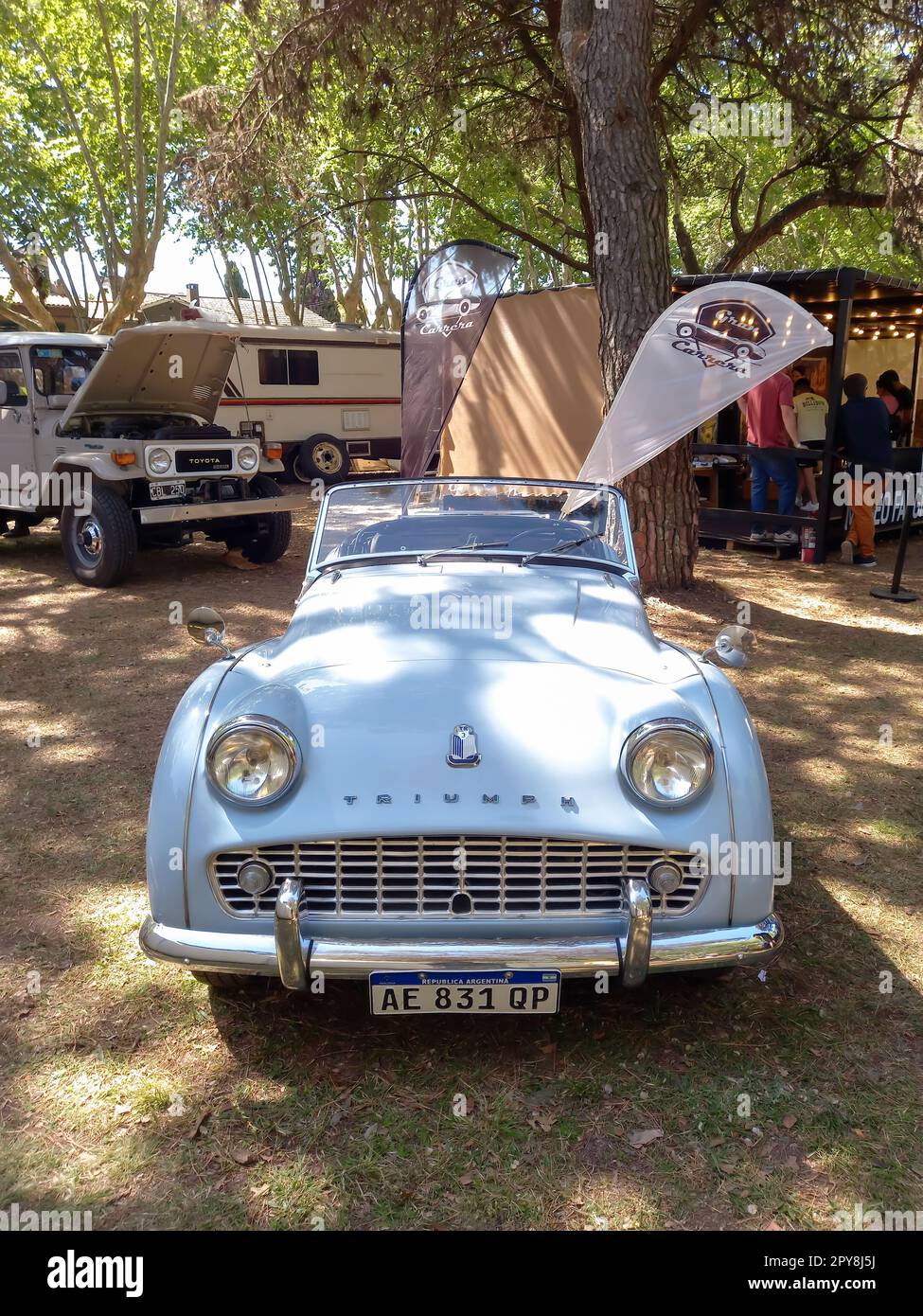 Old light blue sport 1950s Triumph TR3 A sport roadster in a park ...