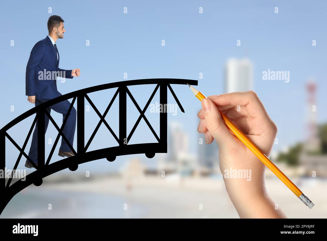 Woman drawing bridge to help businessman walk over. Connection ...