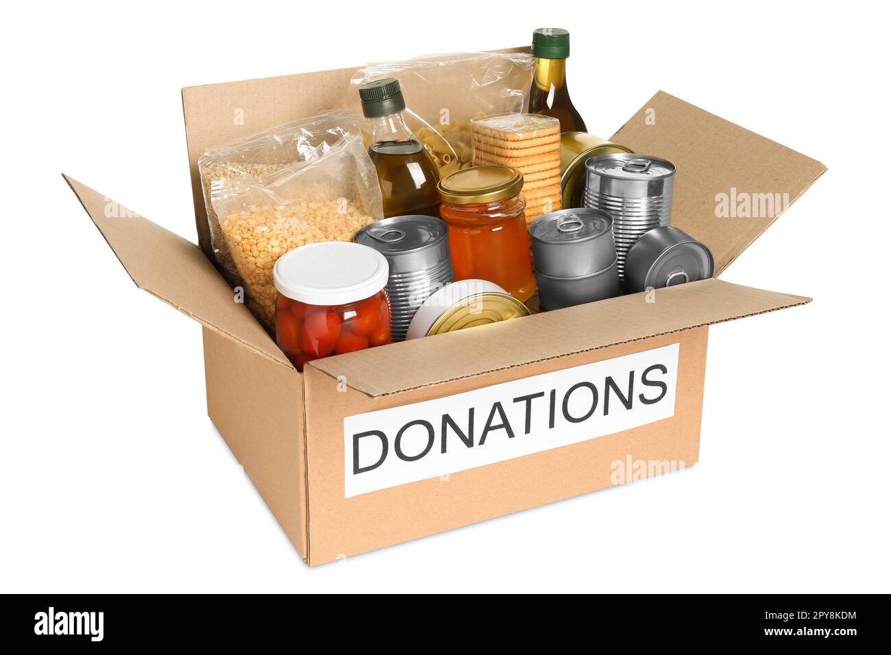 Donation box with food isolated on white Stock Photo - Alamy