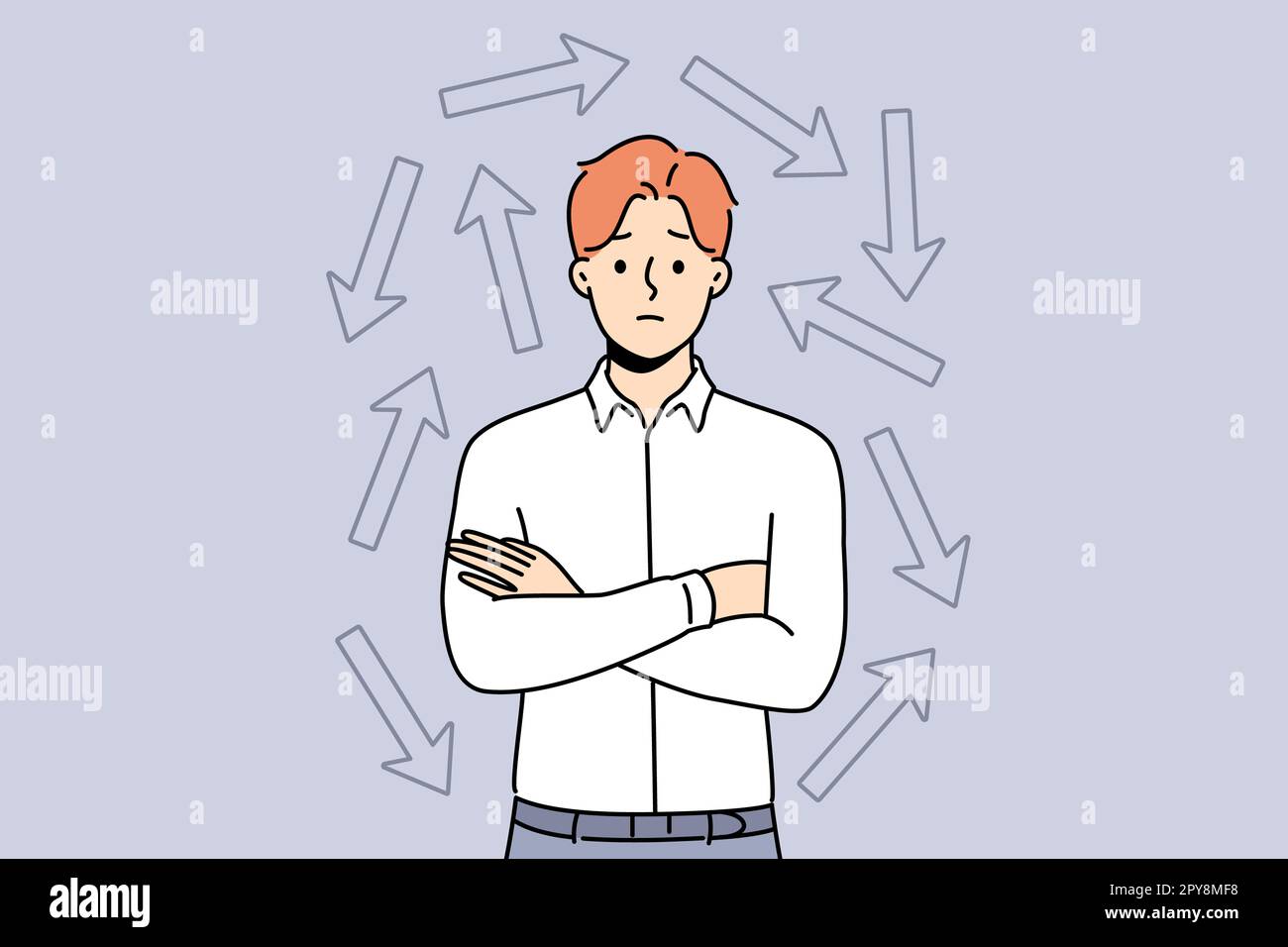 Confused businessman surrounded with numerous arrows facing different ...