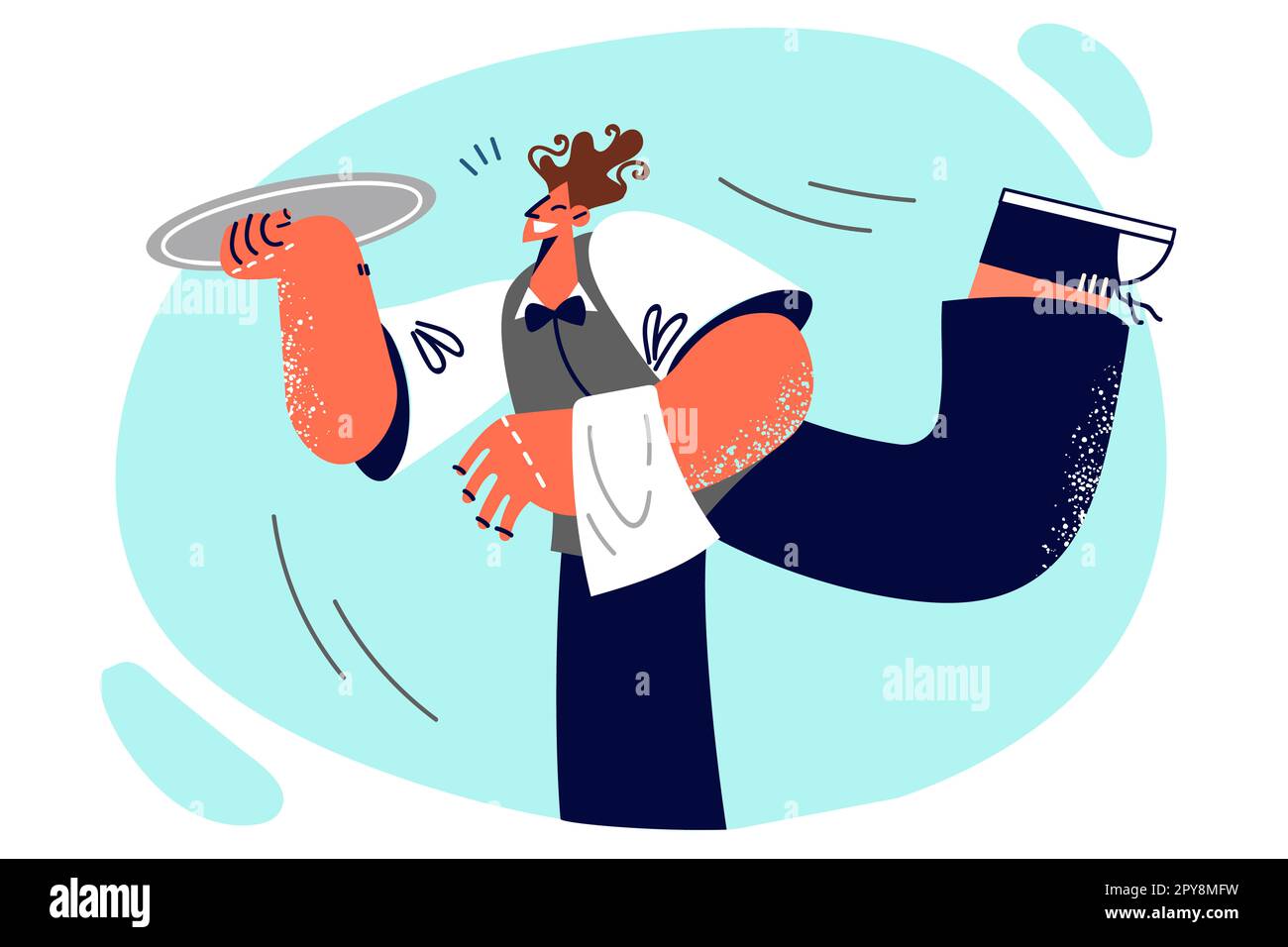 Professional waiter rushes to restaurant visitor to serve guest who ...