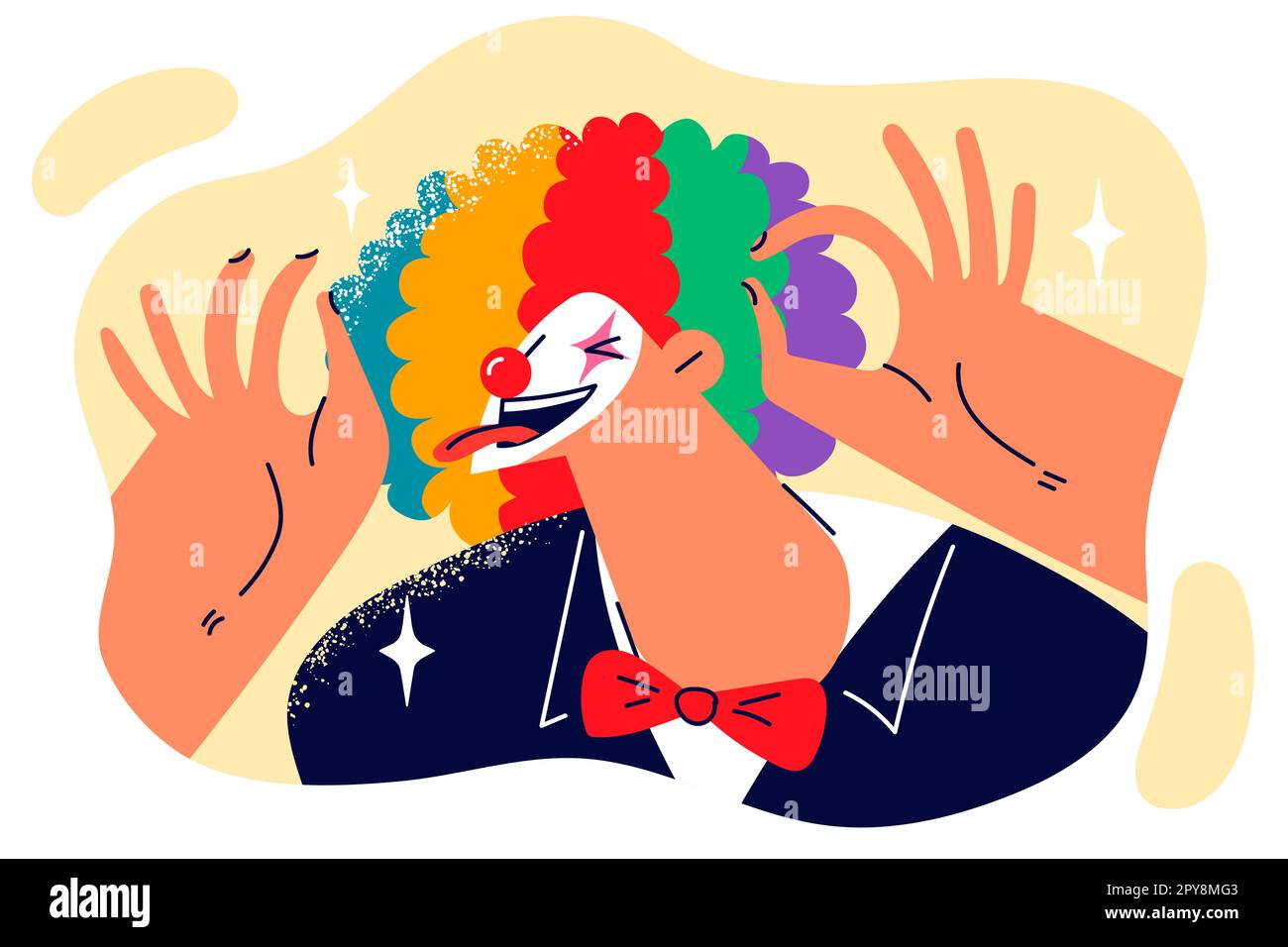 Clown sticks out tongue and makes funny faces to audience laugh at ...