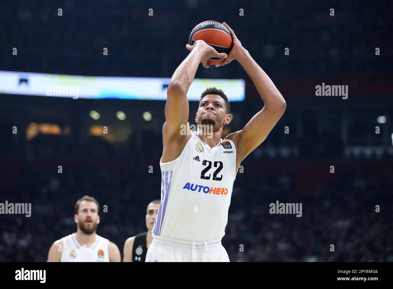 Belgrade, Serbia, 2 May 2023. Walter Tavares of Real Madrid performs a ...
