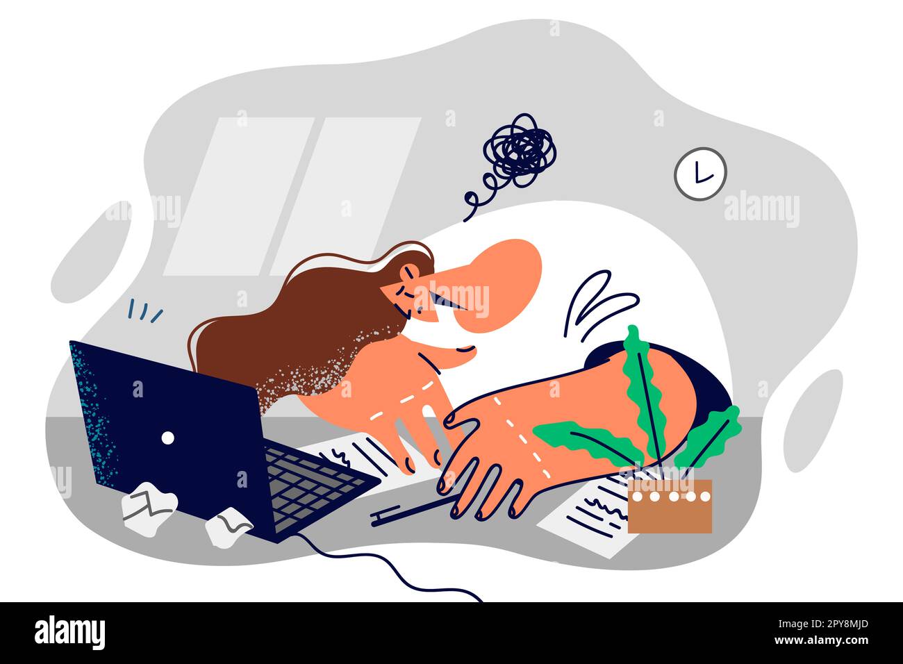 Unmotivated woman freelancer laying head on table suffering from ...