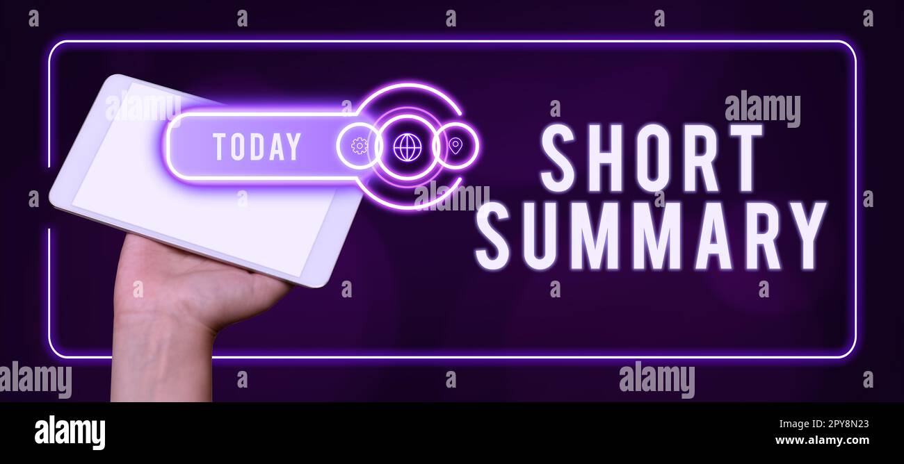 Hand writing sign Short Summary. Concept meaning Brief statement of ...