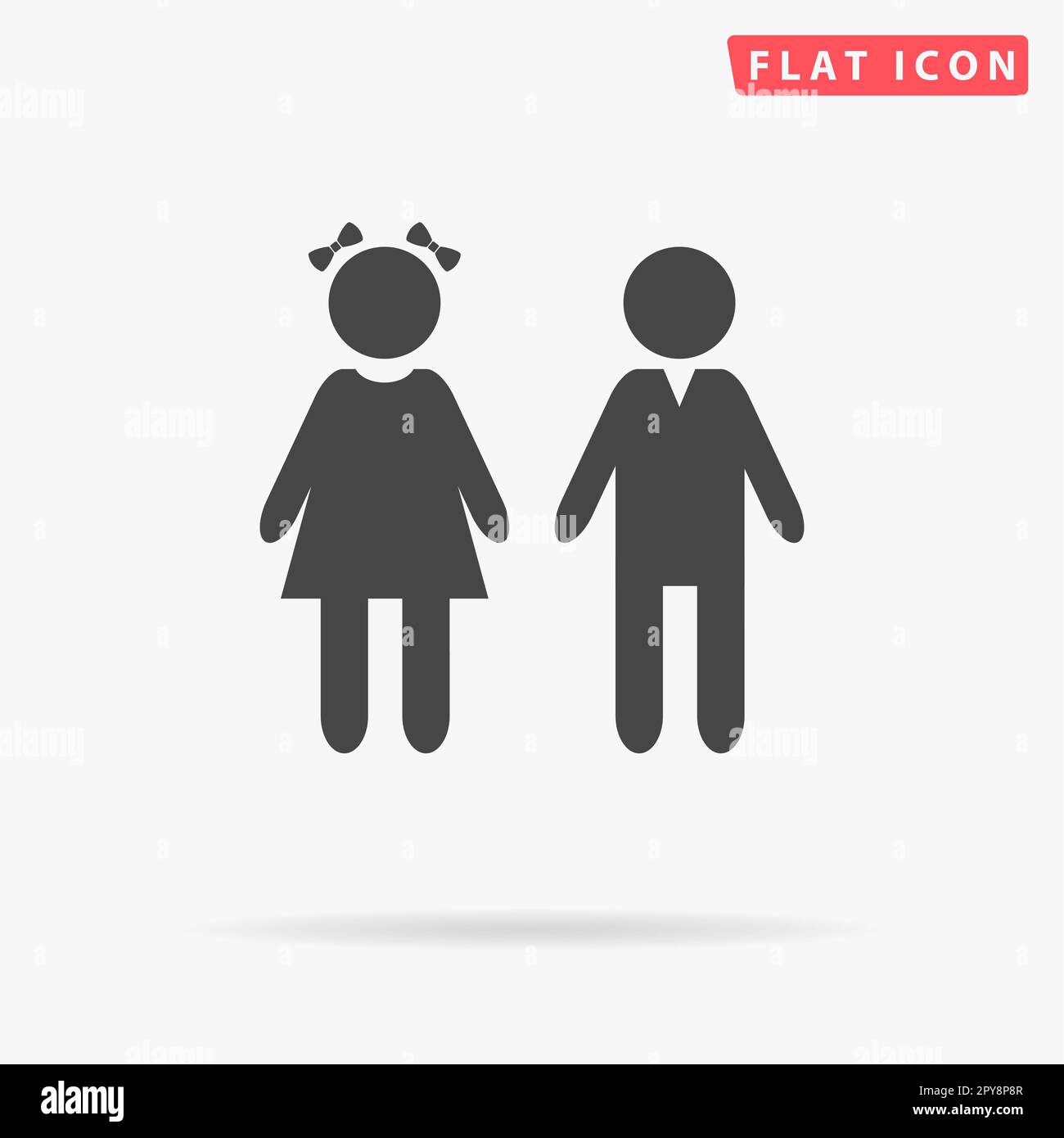 Girl and boy. Simple flat black symbol with shadow on white background ...