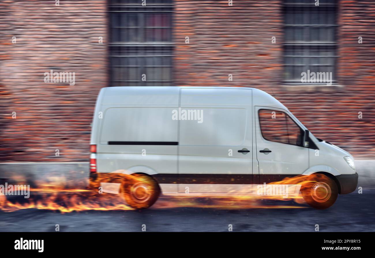 Super fast delivery of package service with van with wheels on fire ...