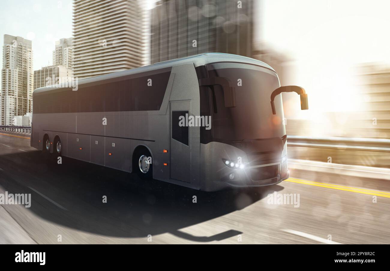 Grand tour bus moving fast on the highway with modern city in ...