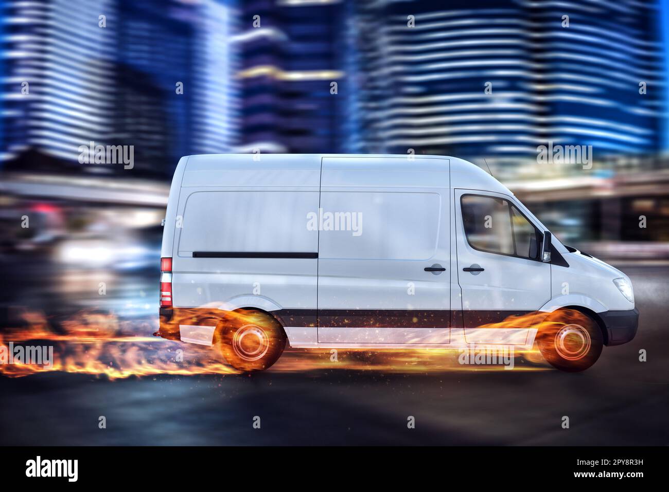 Super fast delivery of package service with van with wheels on fire ...
