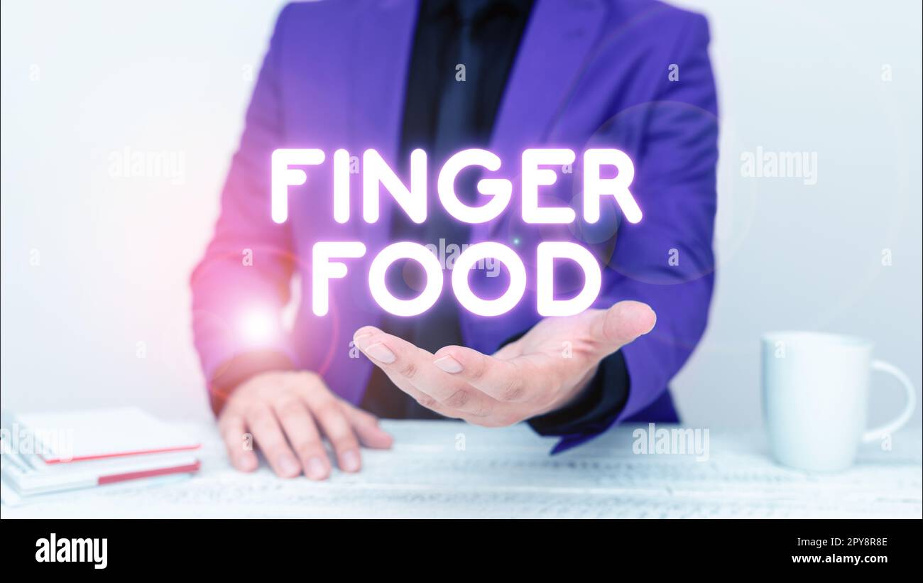 Text showing inspiration Finger Food. Word for products and digestives ...