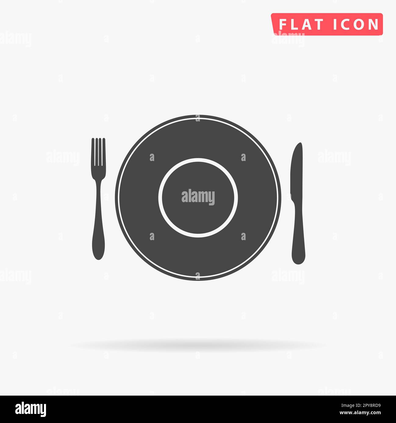 Plate dish with fork and knife. Simple flat black symbol with shadow on ...