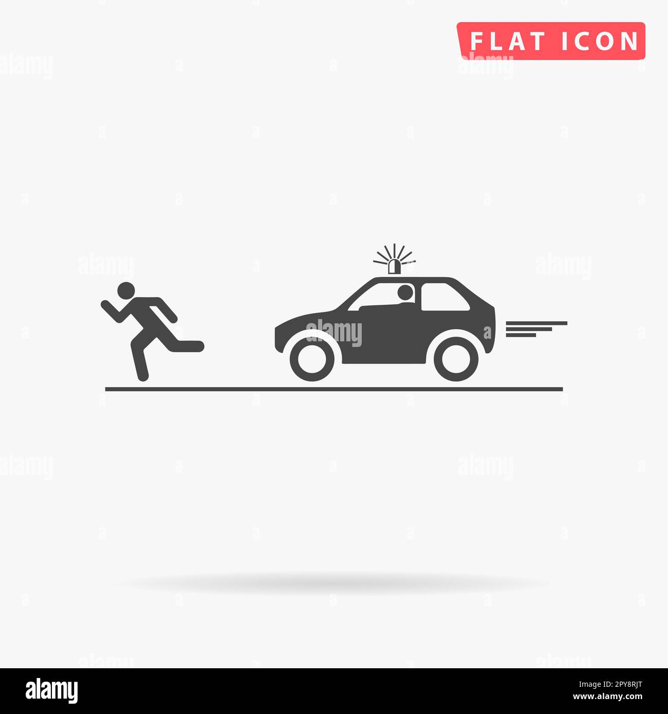 Robber and police car. Simple flat black symbol with shadow on white ...