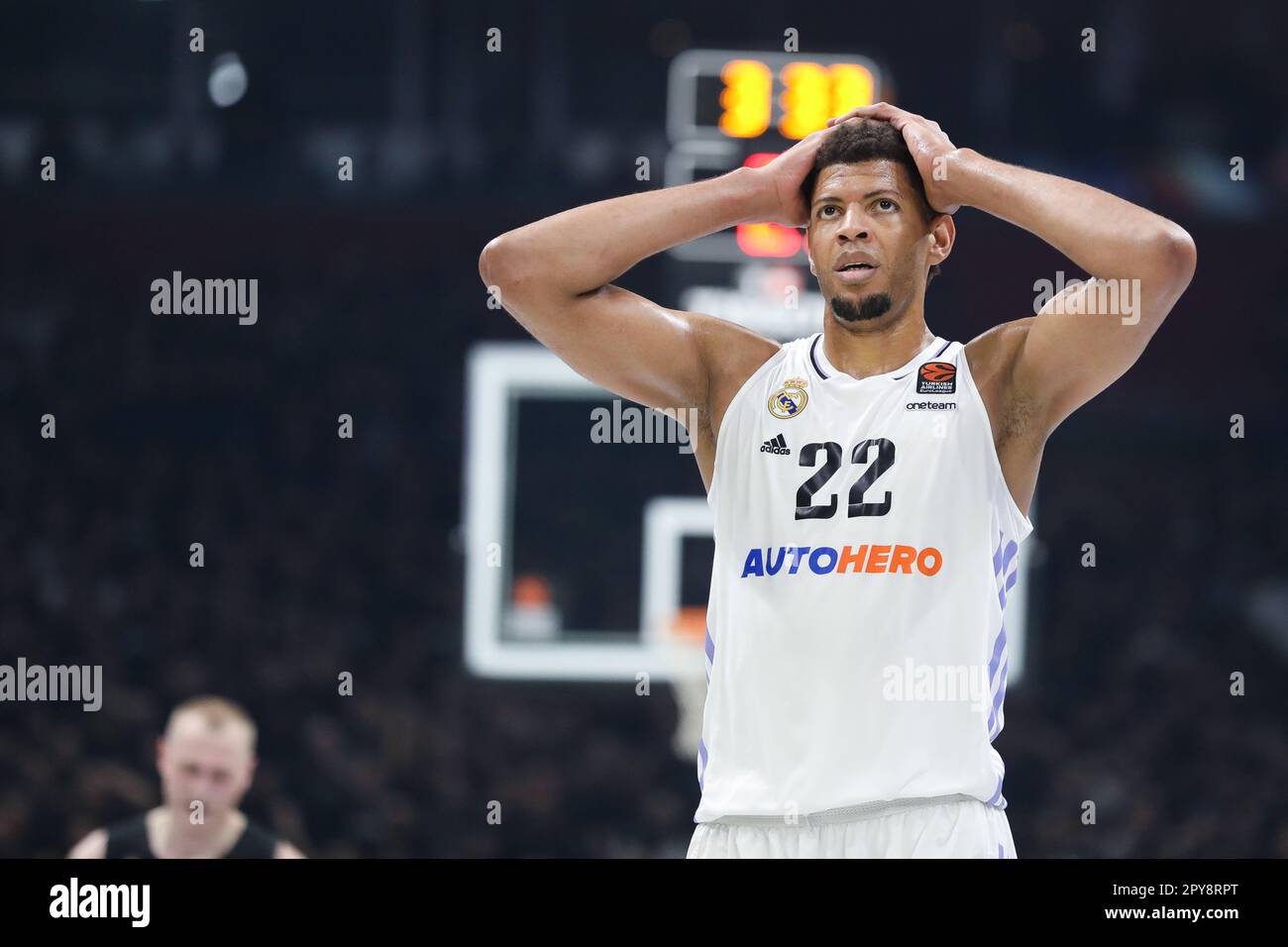 Belgrade, Serbia, 2 May 2023. Walter Tavares of Real Madrid reacts ...