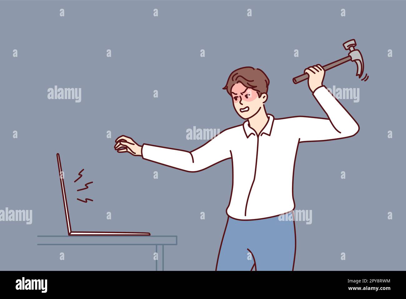 Aggressive man smashes laptop screen with hammer because of intrusive ...