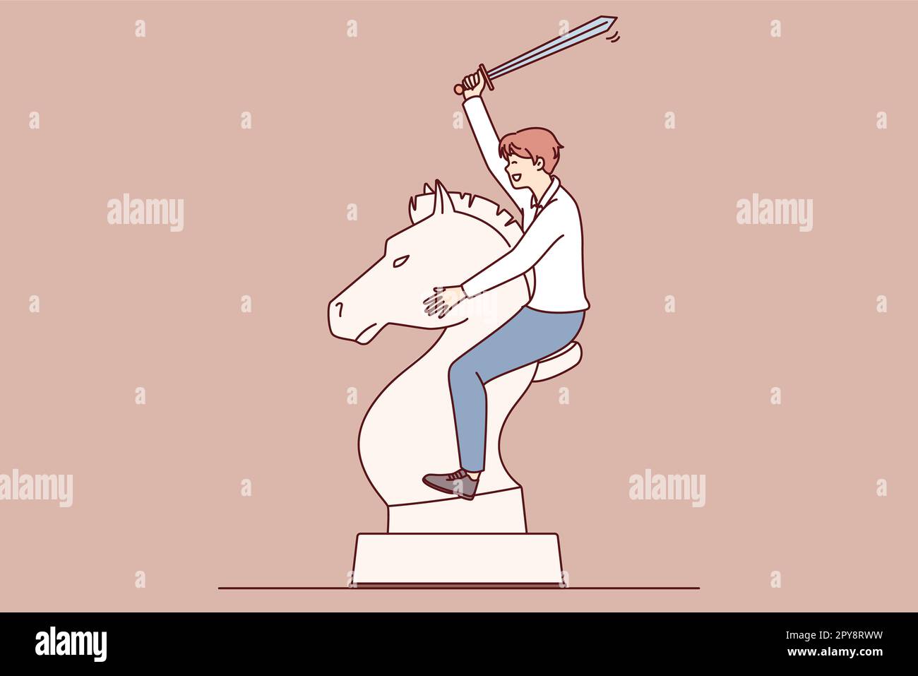 Man with sword astride huge horse chess piece symbolizes determination ...