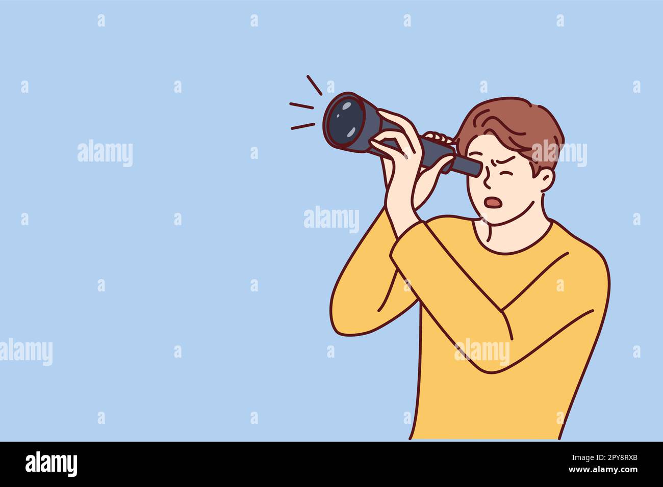 Shocked guy is looking through spyglass while looking at sights or ...