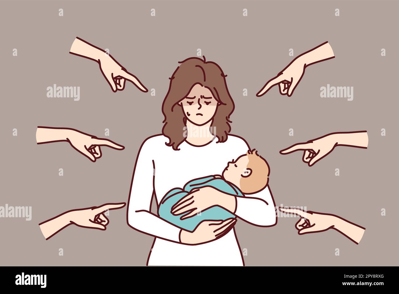 Young mother with baby in arms is ashamed because of condemnation of ...