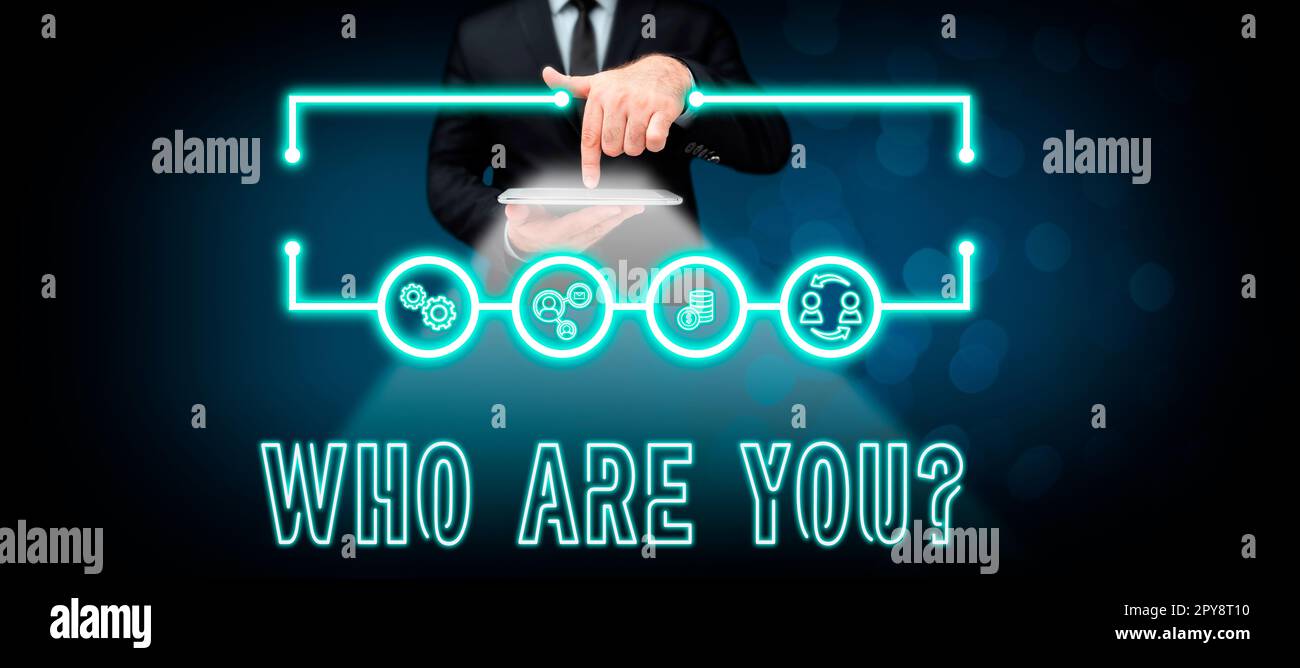 Hand writing sign Who Are You. Business approach Identify yourself ...